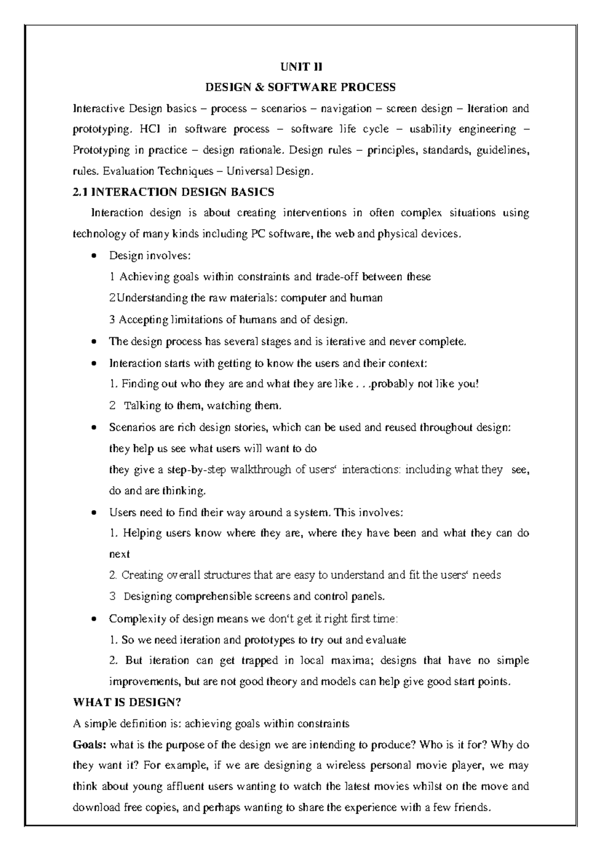 HCI002 - Human Computer Interaction - UNIT II DESIGN & SOFTWARE PROCESS Interactive Design - Studocu