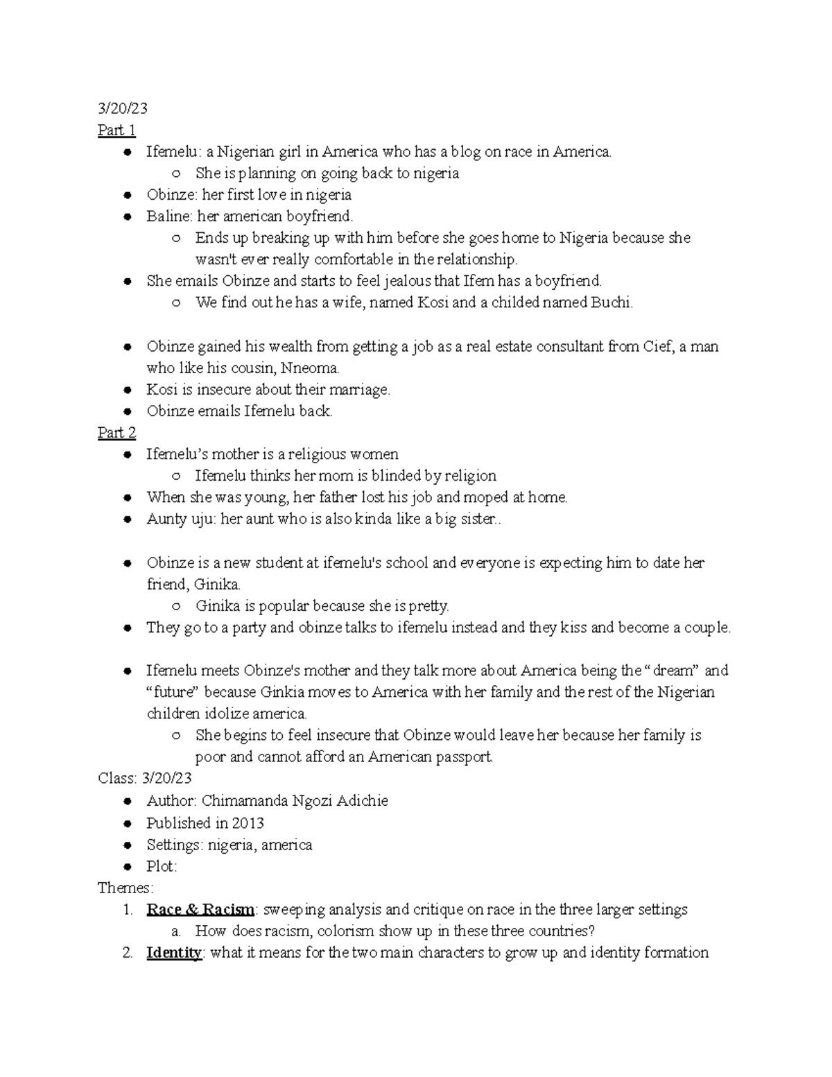 Americanah AADS1010 2023 - 3/20/ Part 1 Ifemelu: a Nigerian girl in ...