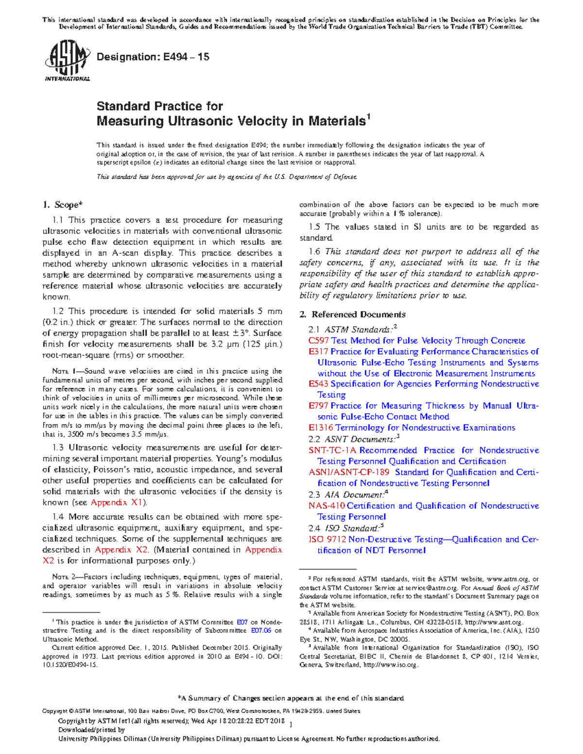 ASTM E494-15 Measuring Ultrasonic Velocity in Materials by Comparative ...
