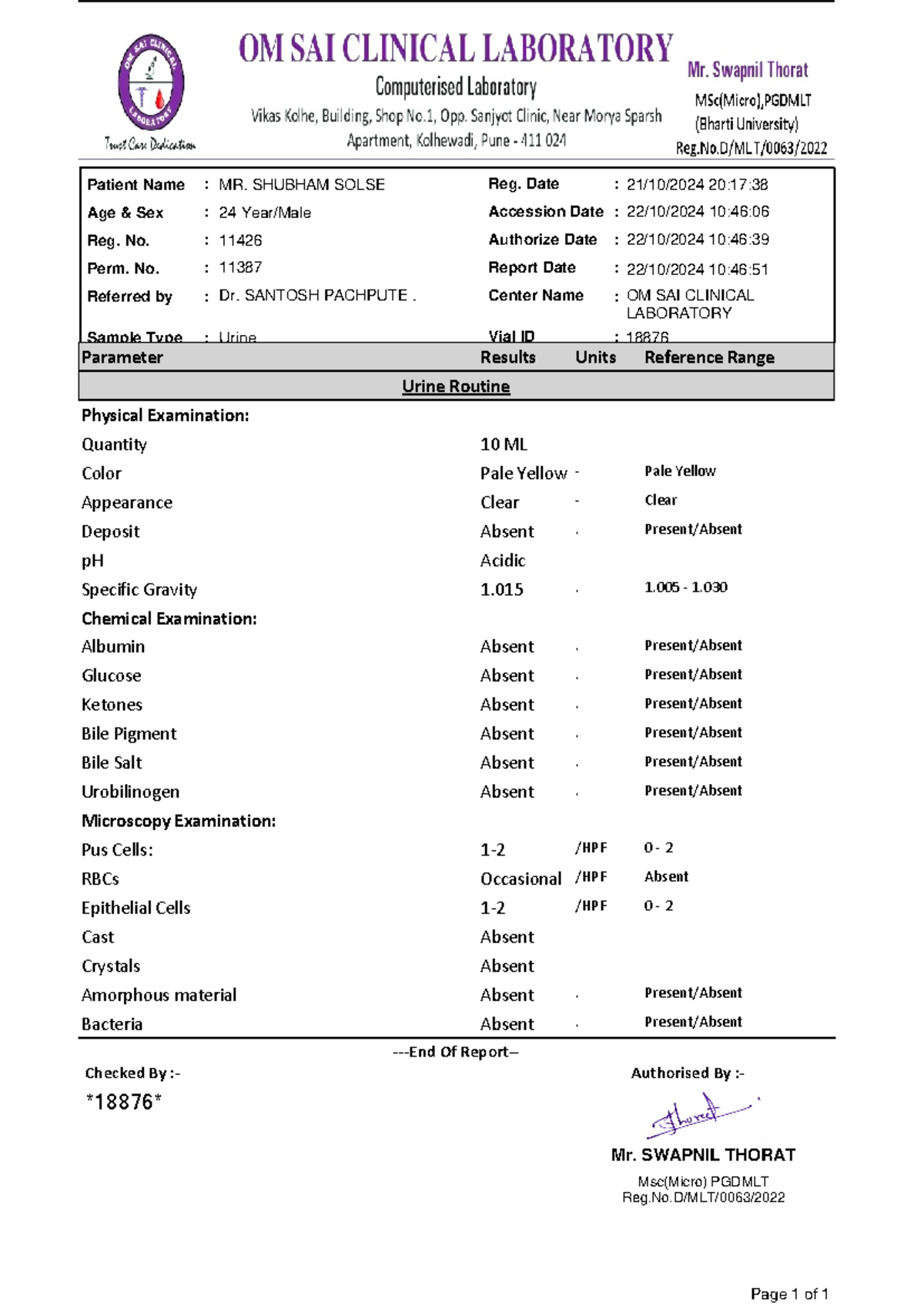 Shubham solase urine reports - Parameter Results Units Reference Range ...