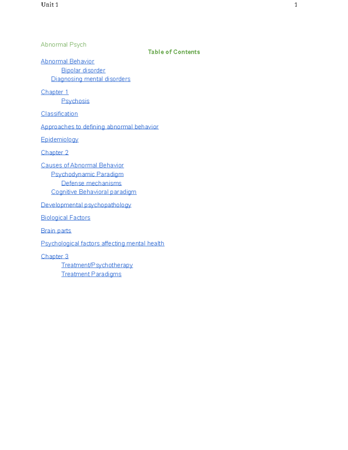 Abnormal Psych Unit 1 - Lecture notes Unit 1 - Abnormal Psych Table of ...