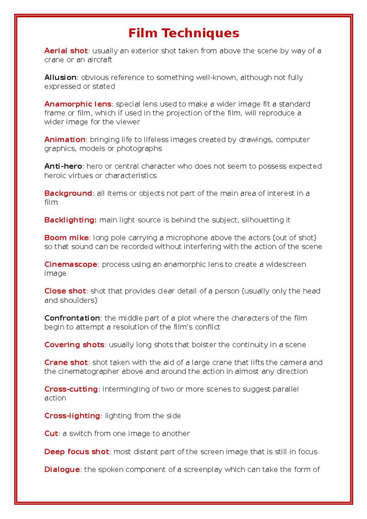 07a Film Techniques - yrep - Film Techniques Aerial shot: usually an ...