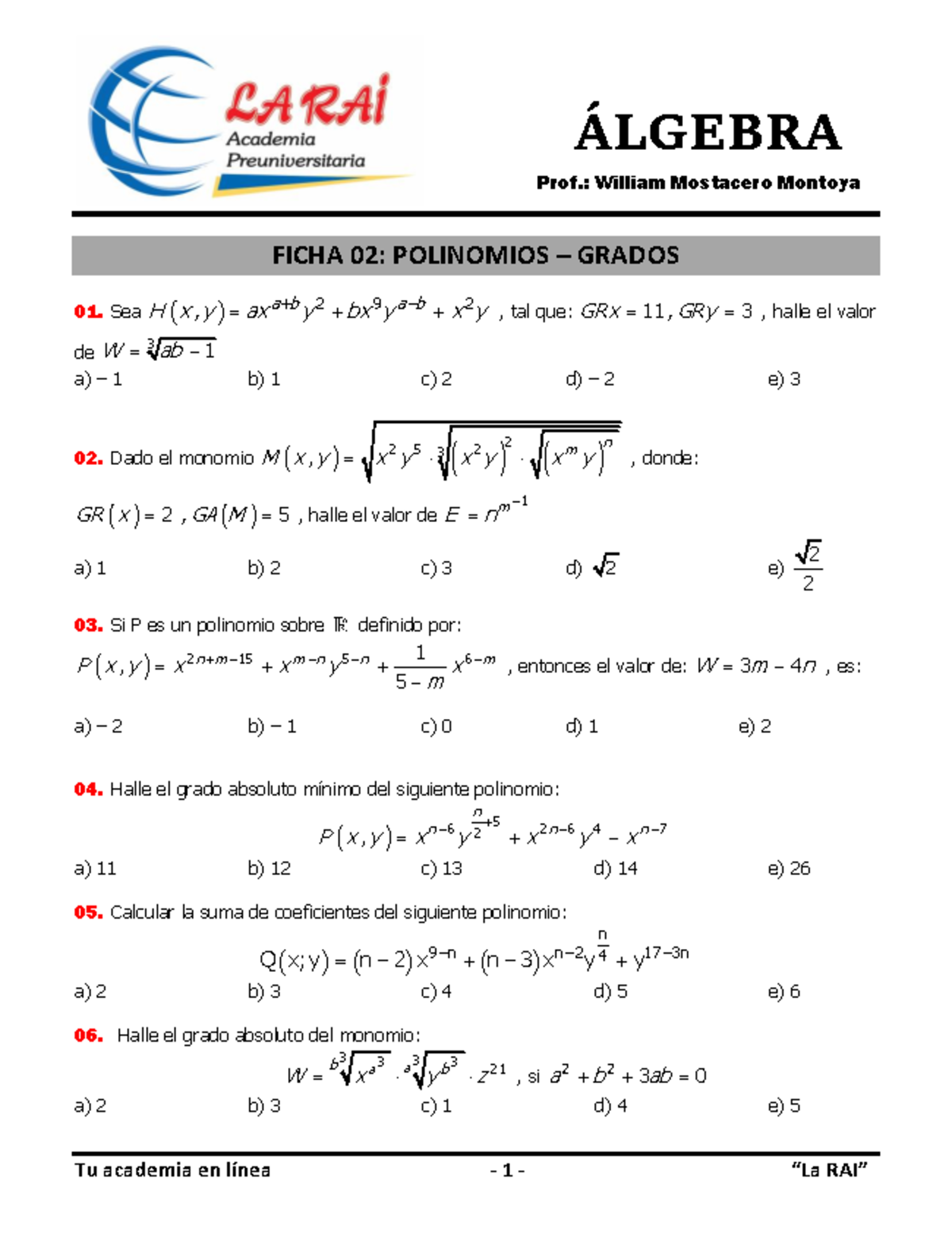 Ficha 2 Polinomios I Grados - Tu academia en línea - 1 - “La RAI” FICHA ...