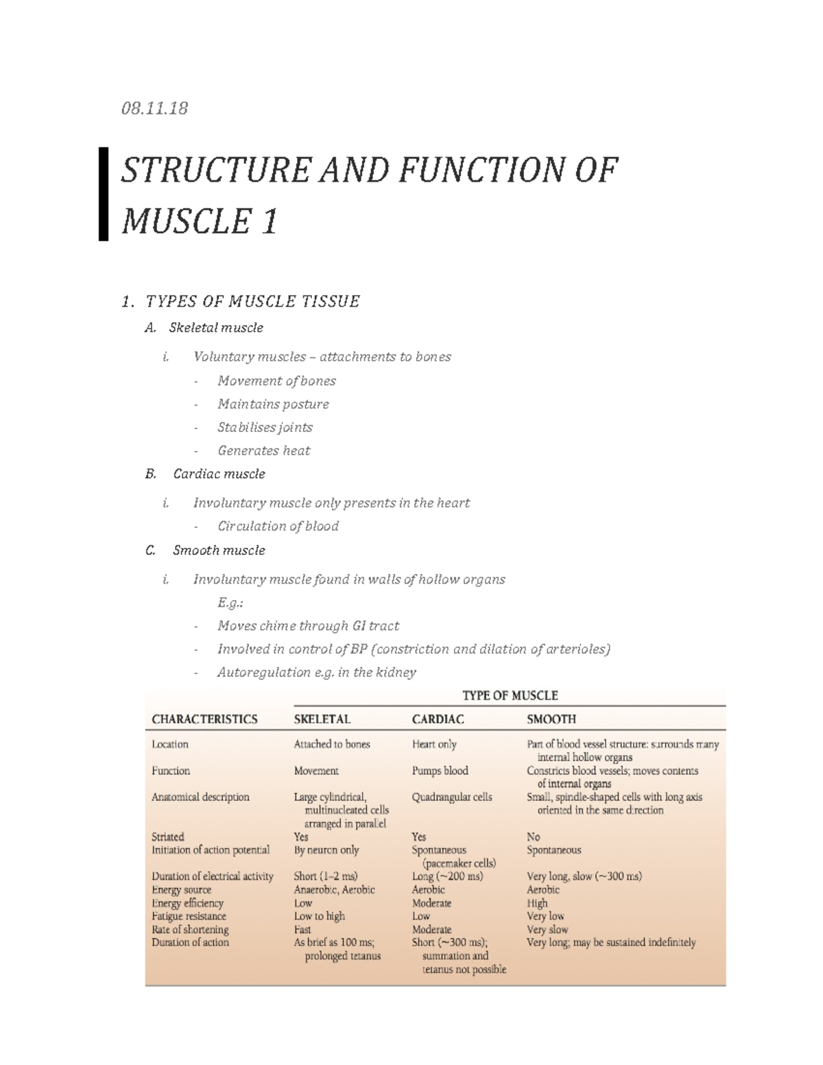 Muscle 1 notes - 08. STRUCTURE AND FUNCTION OF MUSCLE 1 1. TYPES OF ...