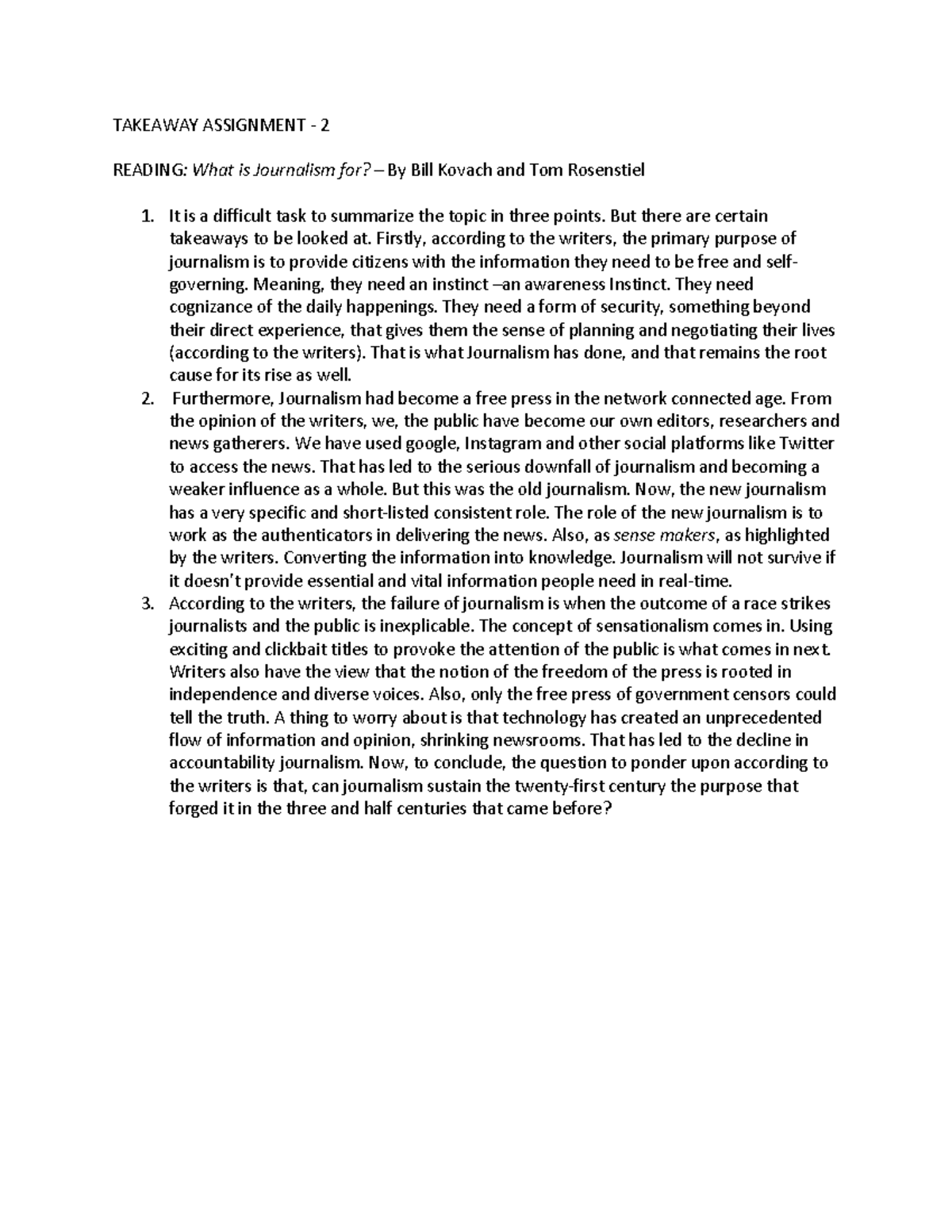 Elements of Journalism CH02 Takeaway - TAKEAWAY ASSIGNMENT - 2 READING ...