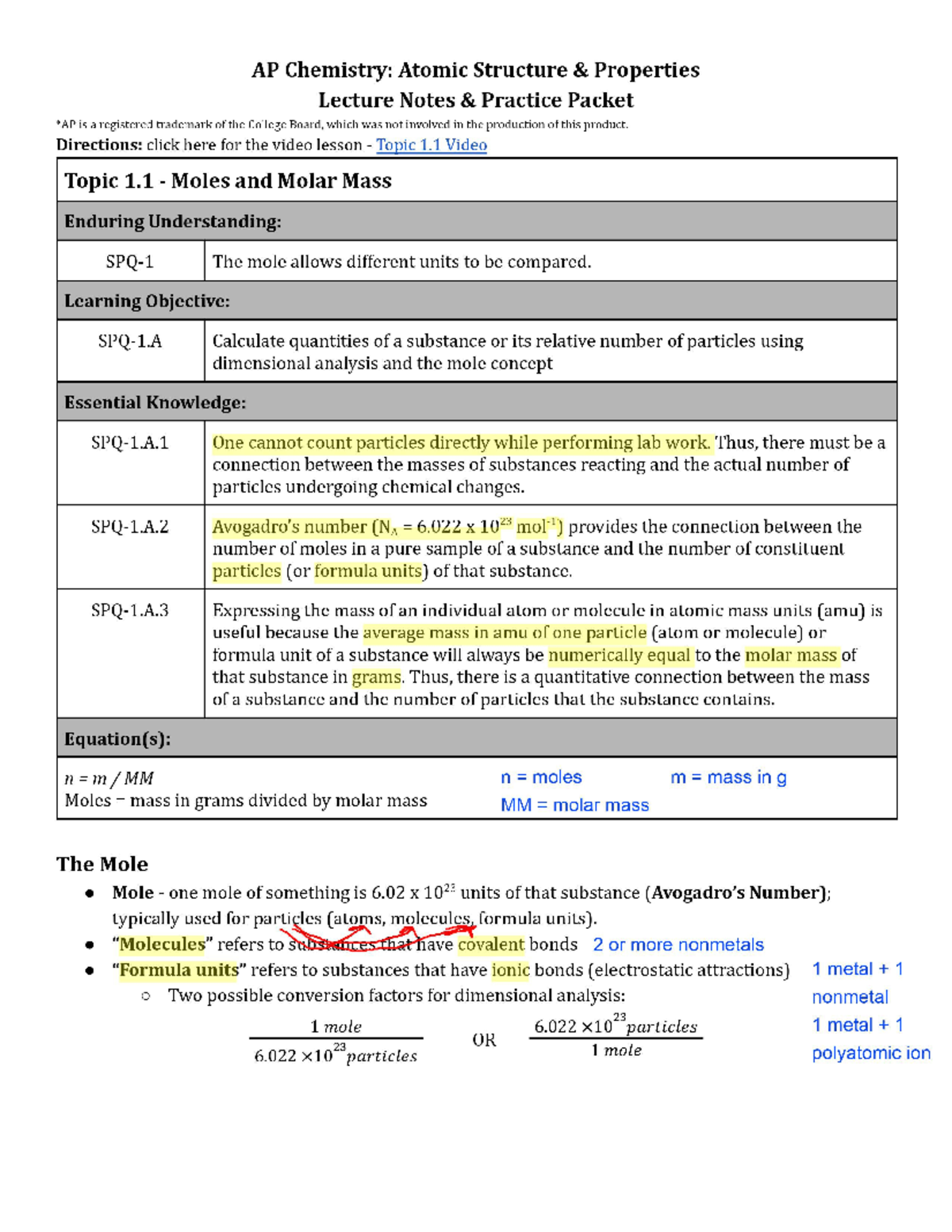 0001 - Part of Topic 1.1 - Moles and Molar Mass - AP Chemistry: Atomic ...