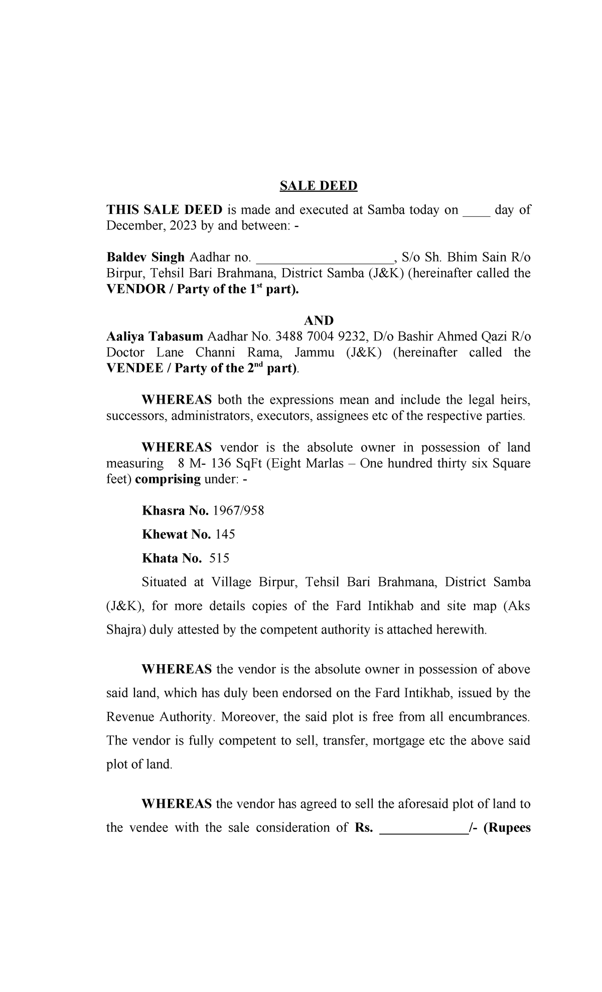 SALE DEED Vijaypur 2 - For our assignment - SALE DEED THIS SALE DEED is ...