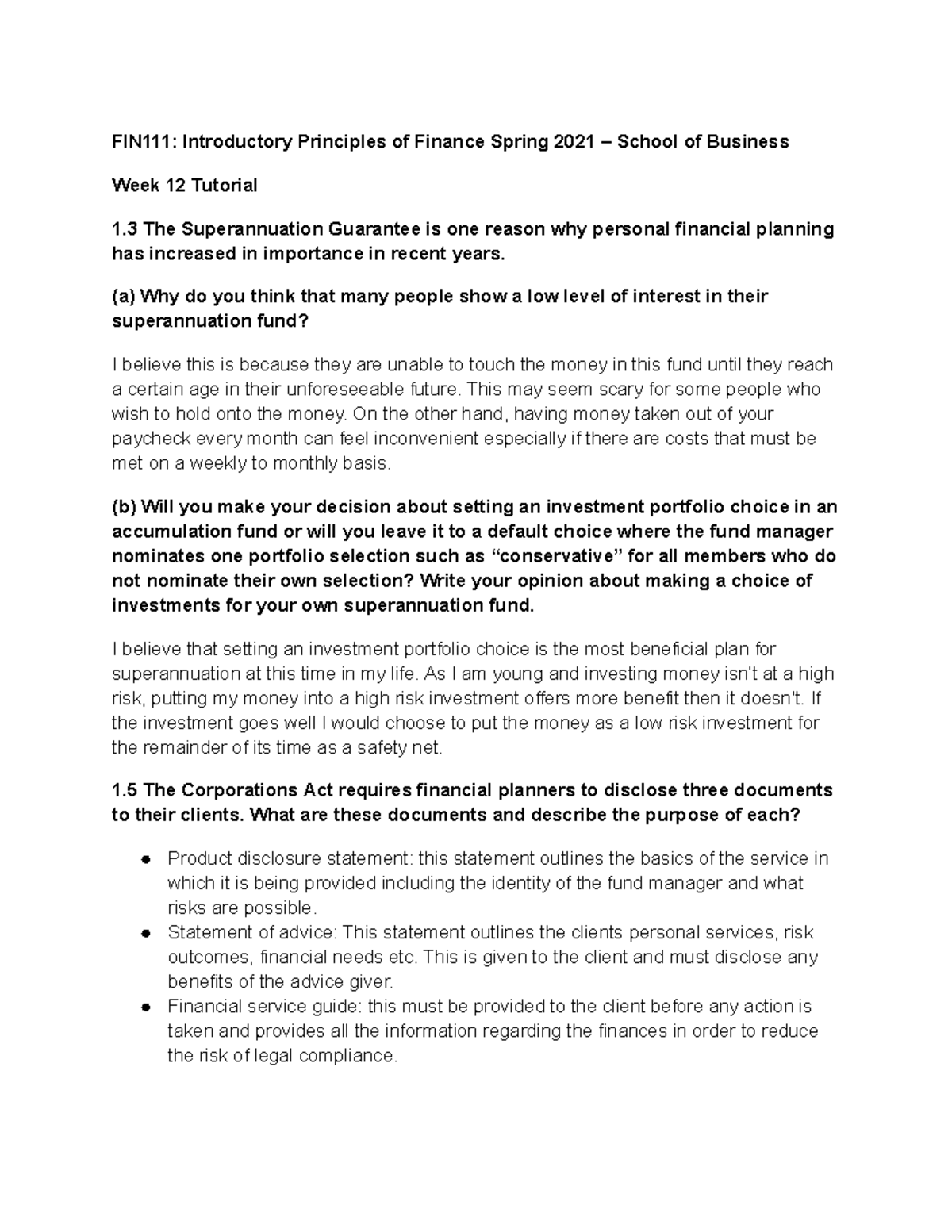 Week 12 finn questions and answers - FIN 111 - UOW - Studocu