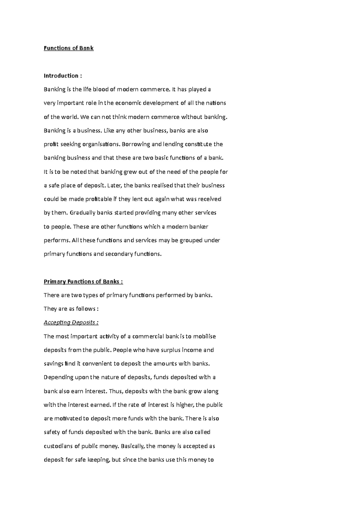 Bnkng 005 - Easy note - Functions of Bank Introduction : Banking is the ...