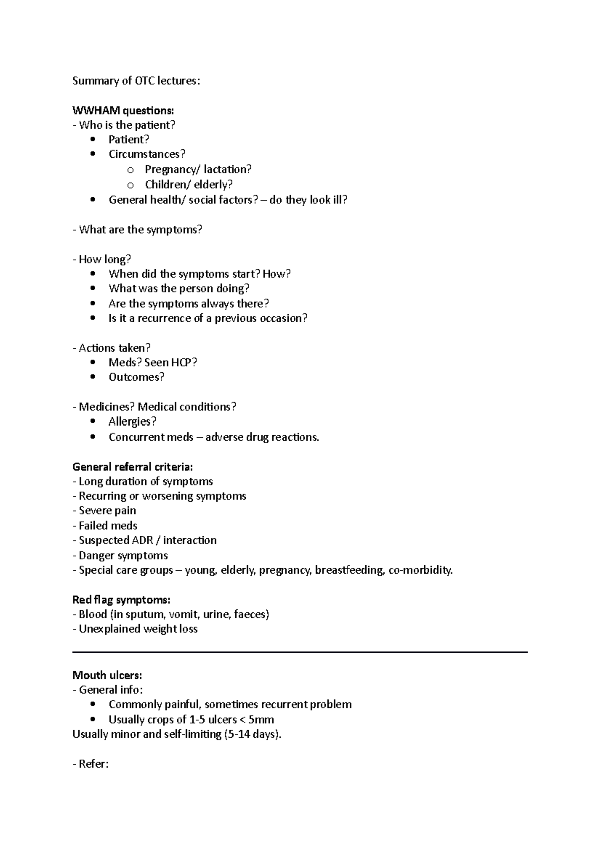 Summary of OTC lectures - Summary of OTC lectures: WWHAM questions: Who ...