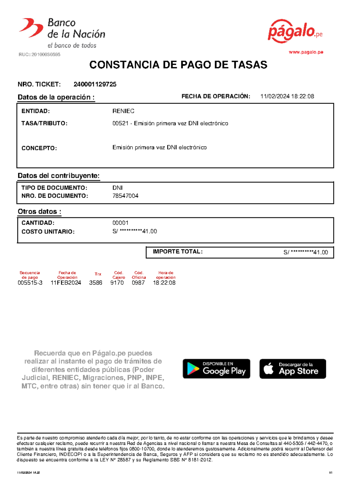 Descargar Constancia Token - CONSTANCIA DE PAGO DE TASAS RUC: 20100030595 pagalo FECHA DE ...