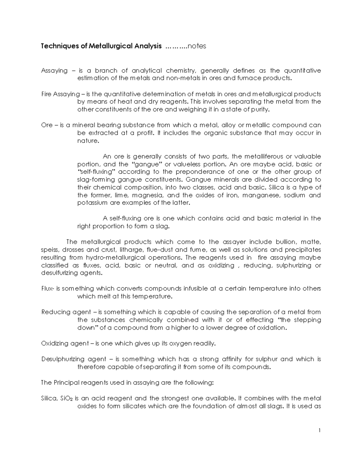 Fire Assaying Notes - Techniques of Metallurgical Analysis ...