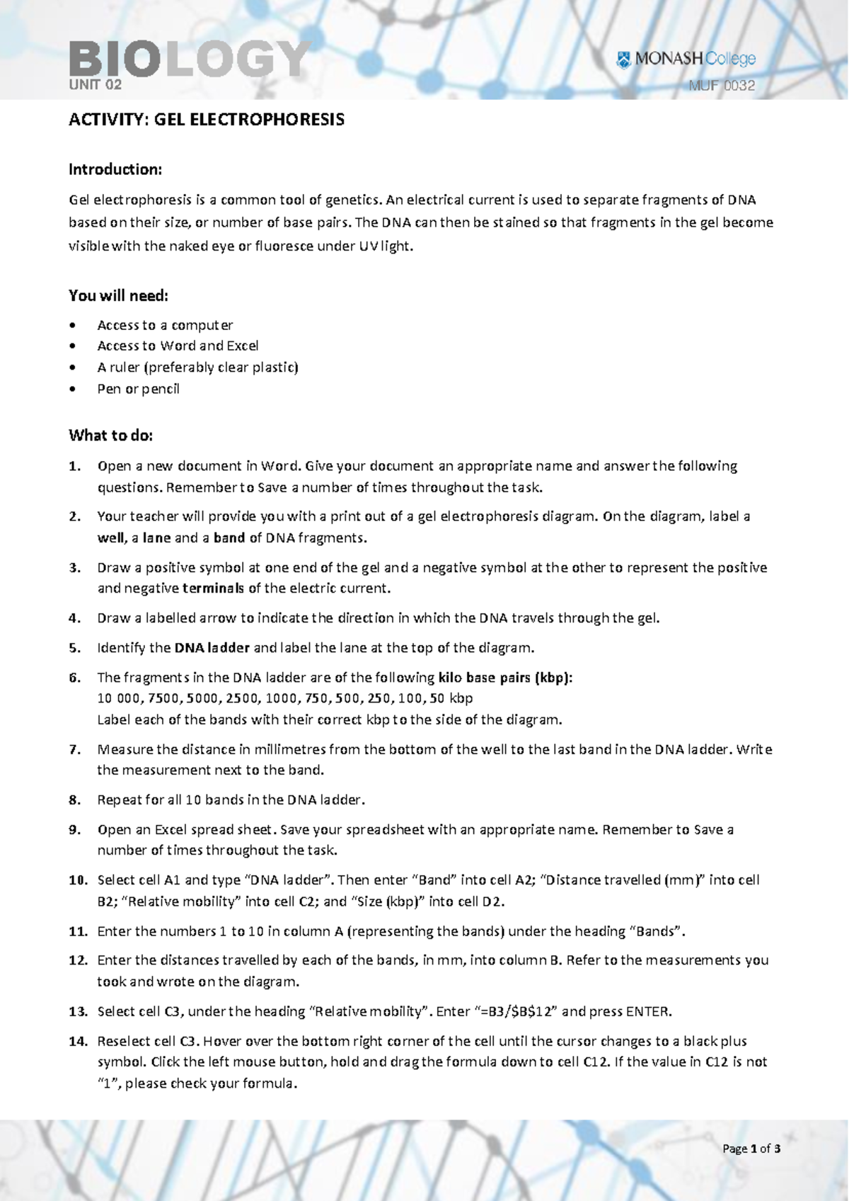 Gel electrophoresis worksheet - Page 1 of 3 BIOLOGY UNIT 02 MUF 0032 ...