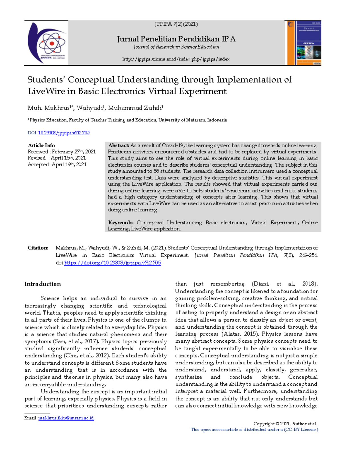 Students’ Conceptual Understanding through Implementation of Live Wire ...