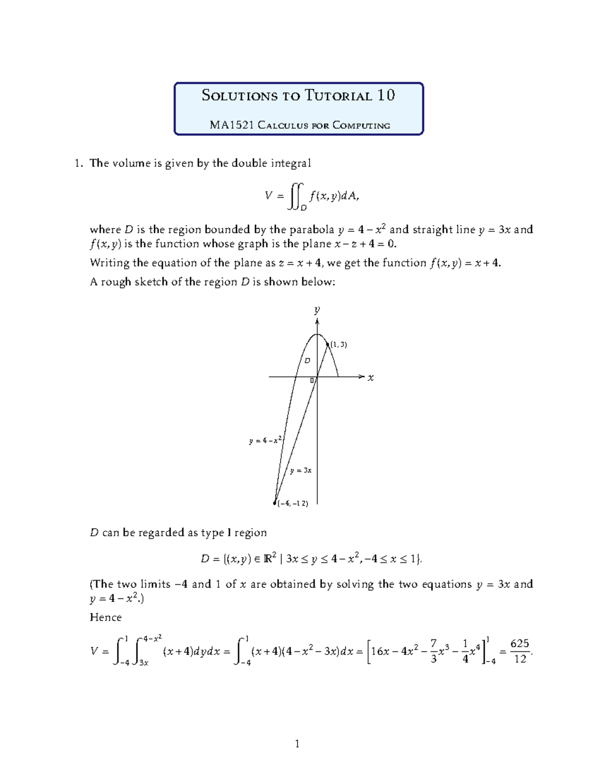 Solution 10 - Solutions to Tutorial 10 MA1521 Calculus for Computing 1. The volume is given by ...