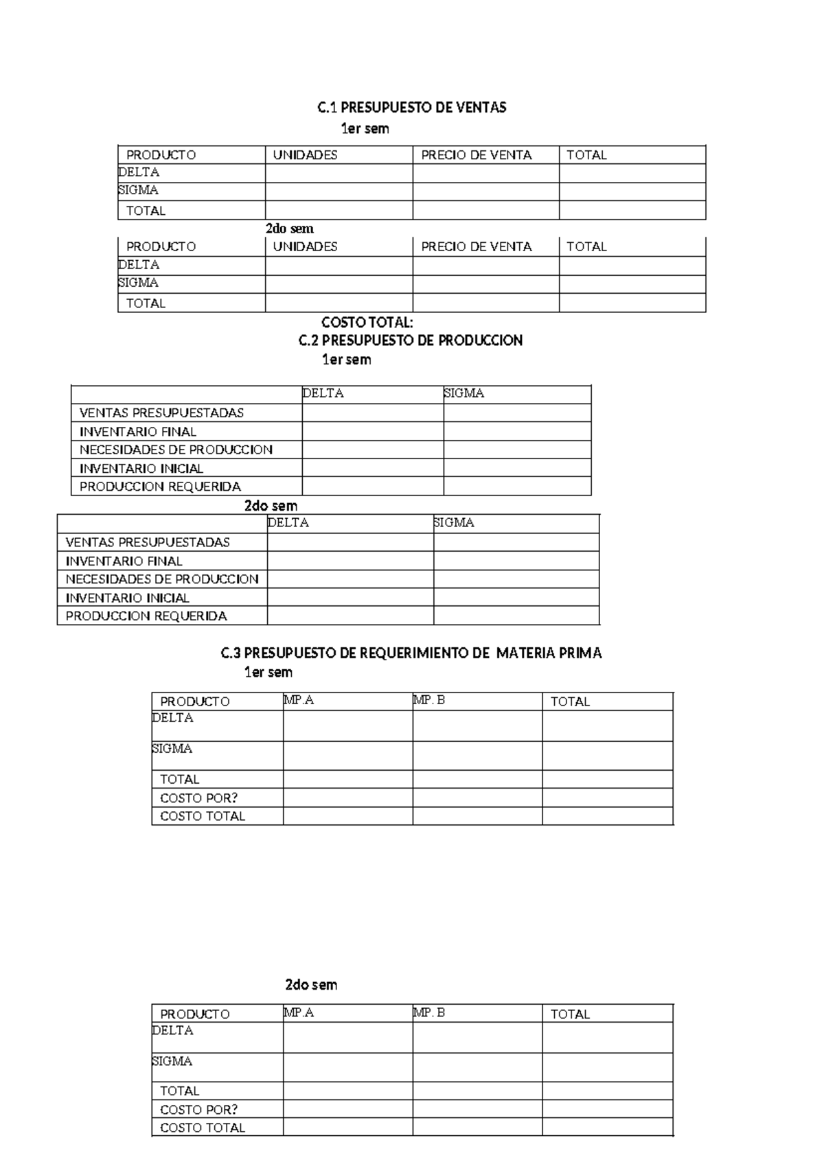 EJER Delta Y Sigma - C PRESUPUESTO DE VENTAS 1er sem PRODUCTO UNIDADES ...