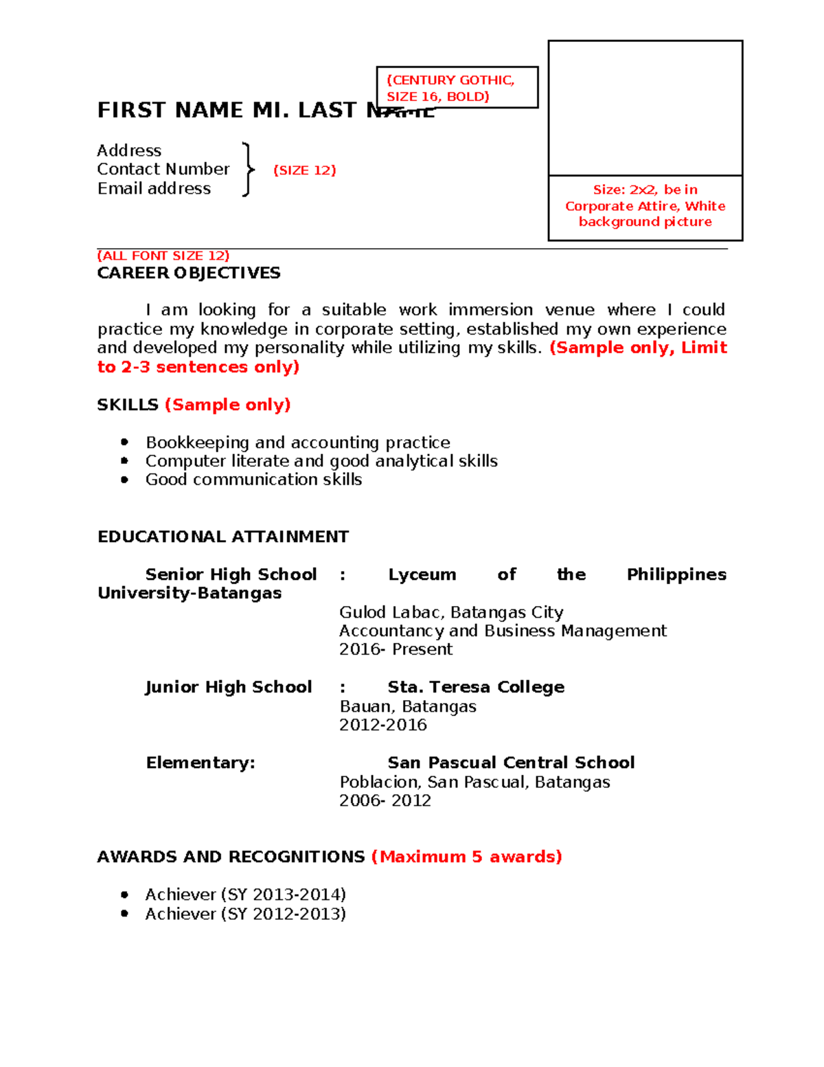 Format OF Resume SHS 1 1 - FIRST NAME MI. LAST NAME Address Contact Number (SIZE 12) Email ...