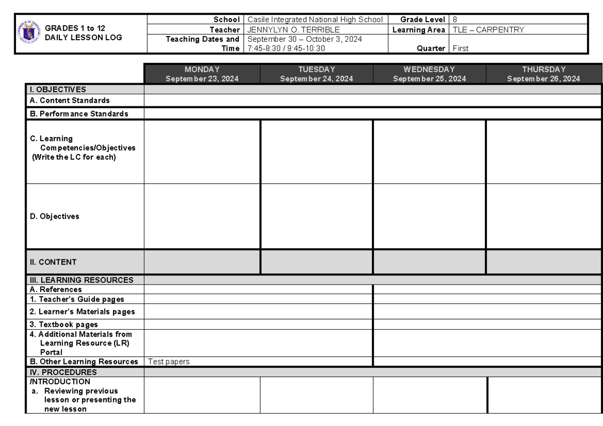 Daily lesson log - GRADES 1 to 12 DAILY LESSON LOG School Casile ...