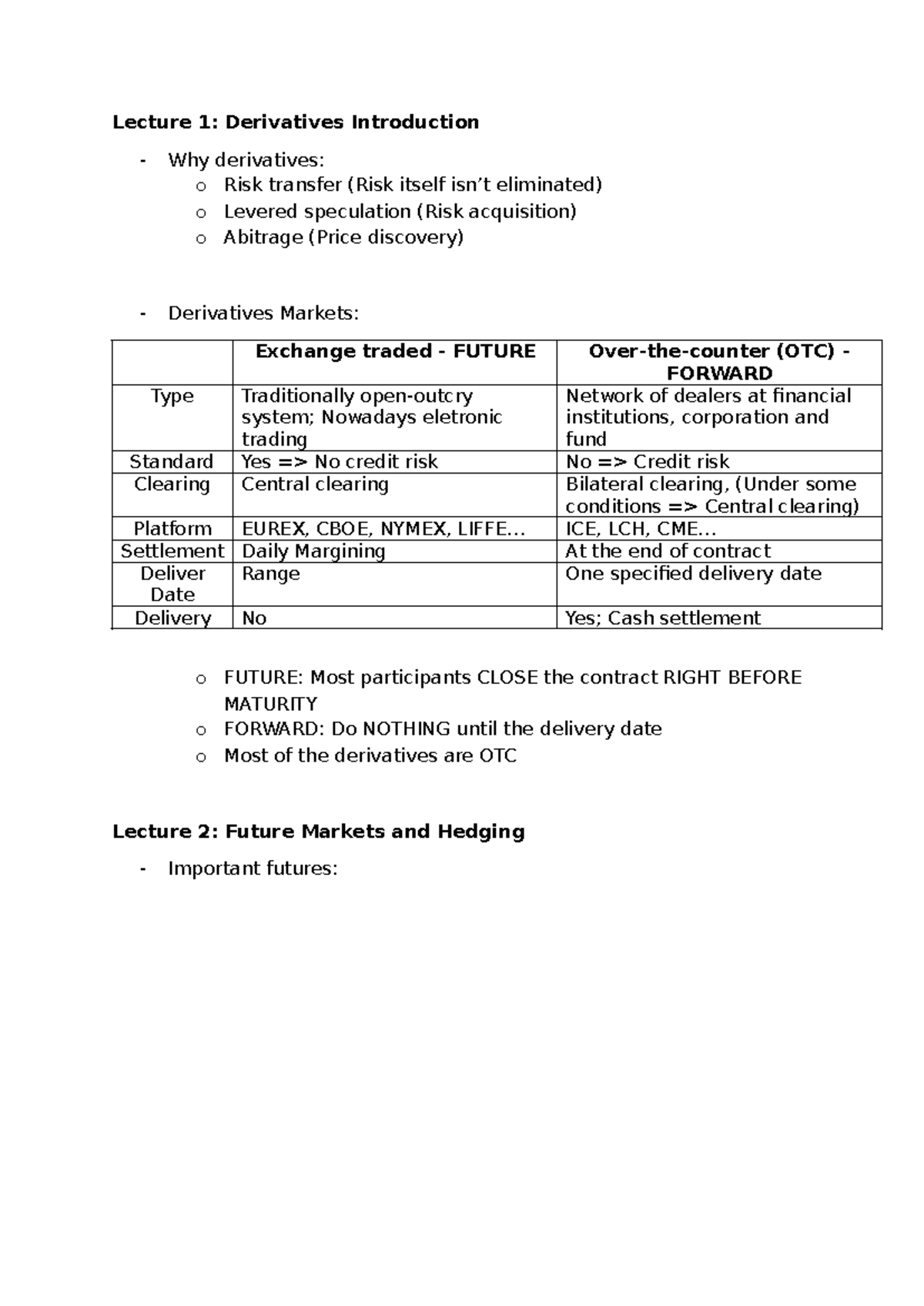 Derivatives Summary - Lecture 1: Derivatives Introduction - Why ...