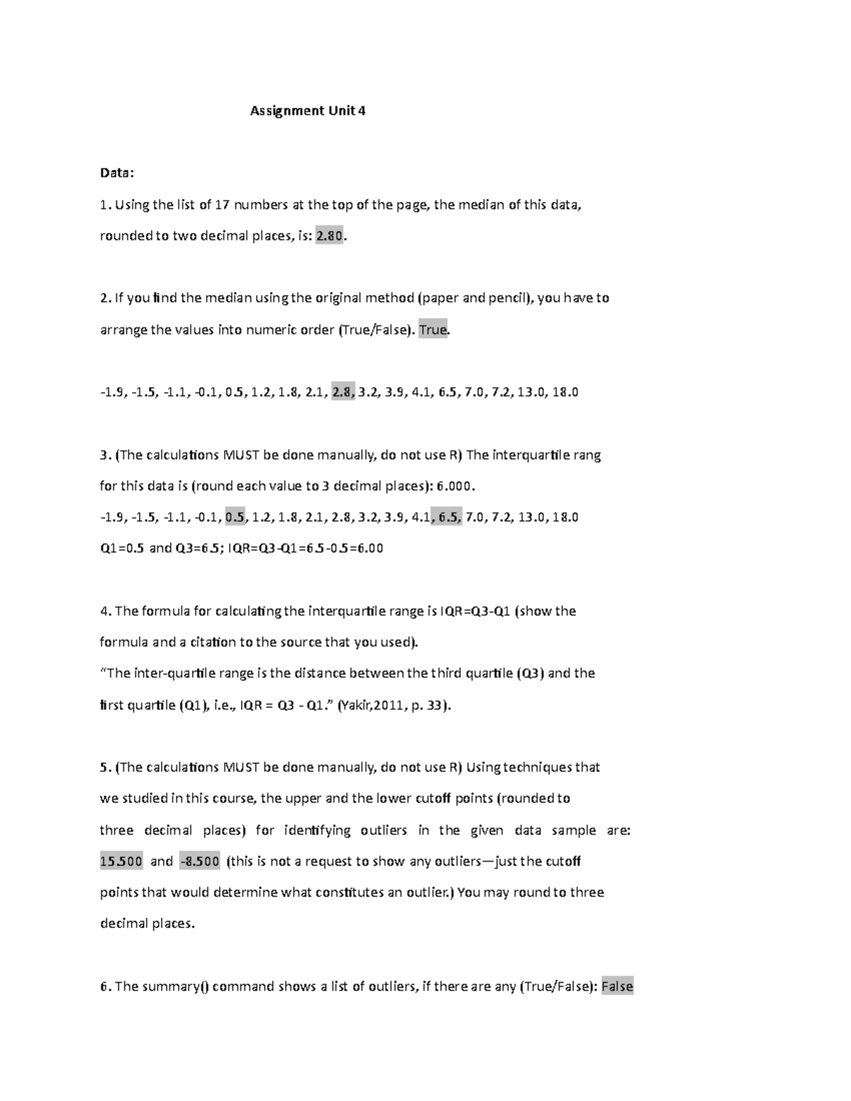 Math1280 Assignment 4 - Assignment Unit 4 Data: Using the list of 17 numbers at the top of the ...