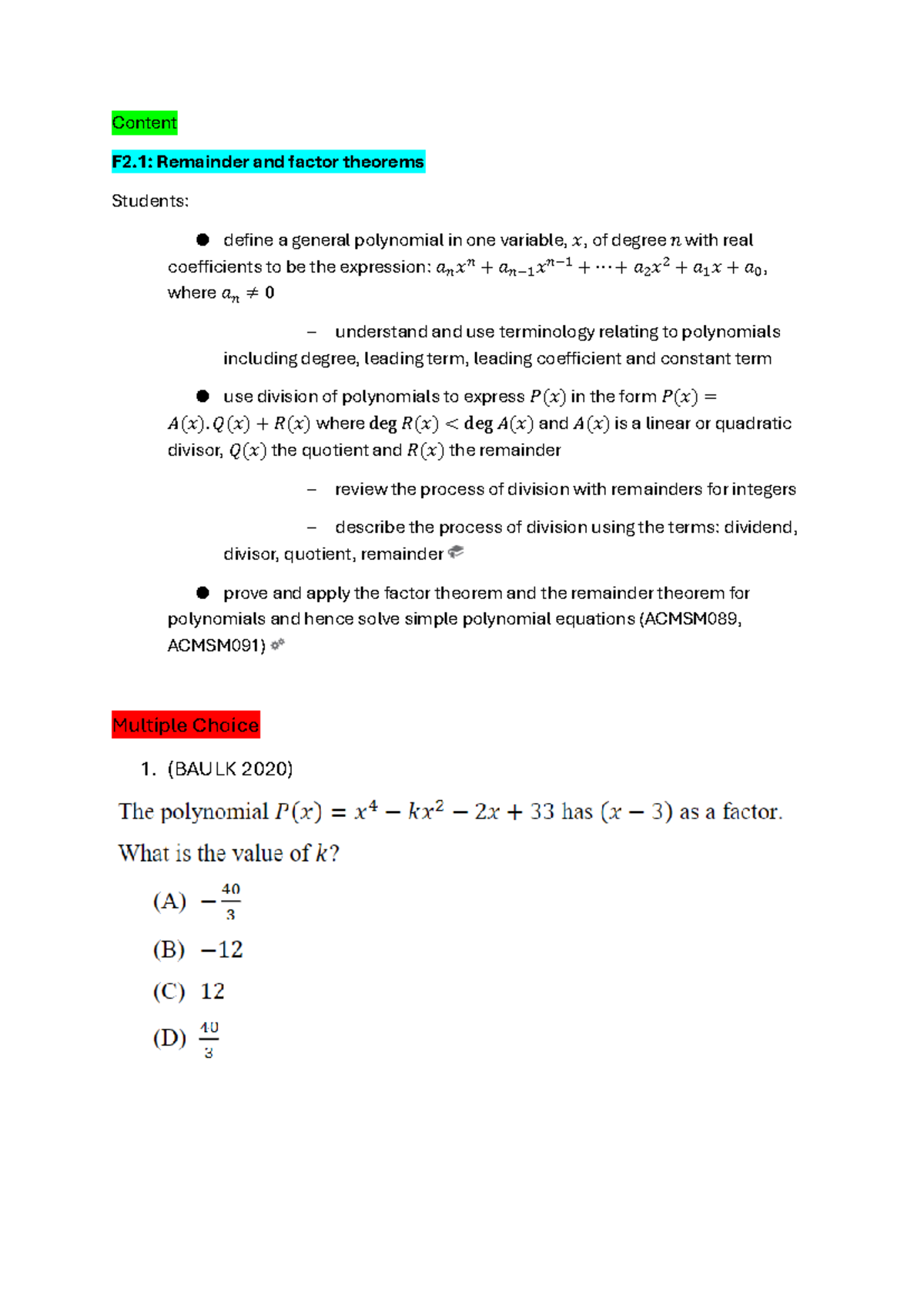 Maths Extension 1 - Polynomials Booklet - Content F2: Remainder and ...
