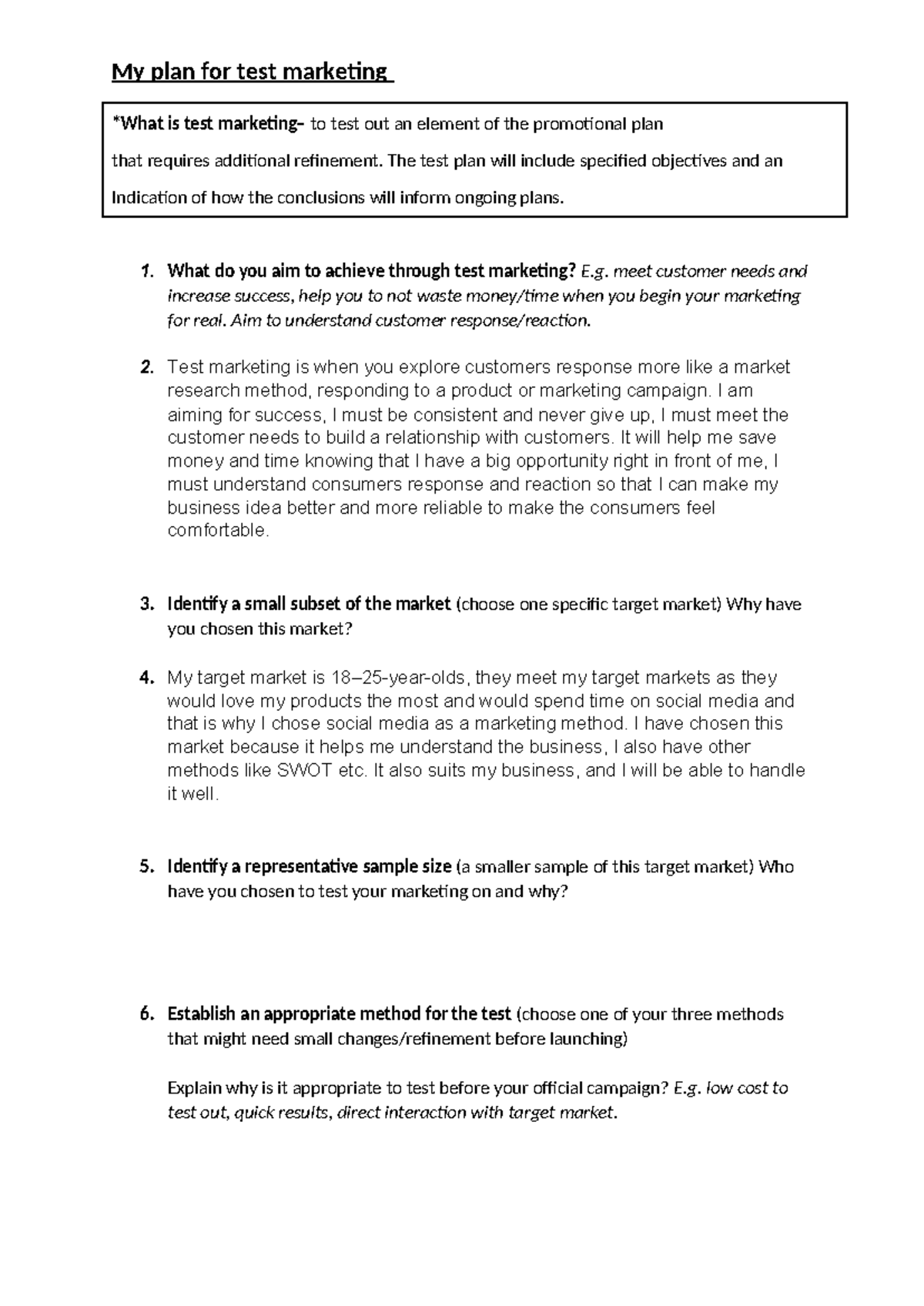 Test Marketing (3 - My plan for test marketing *What is test marketing ...