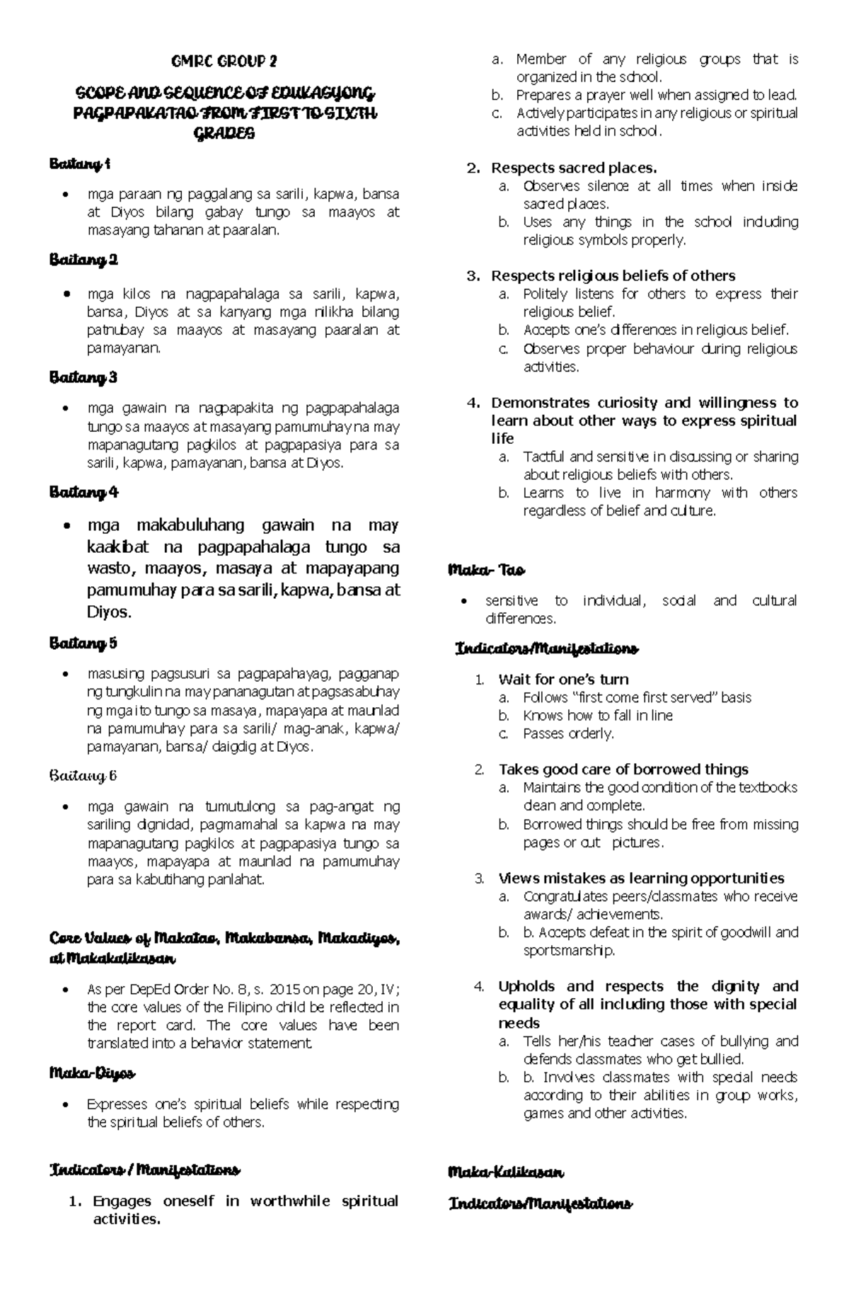 Notes - ... - GMRC GROUP 2 SCOPE AND SEQUENCE OF EDUKASYONG ...