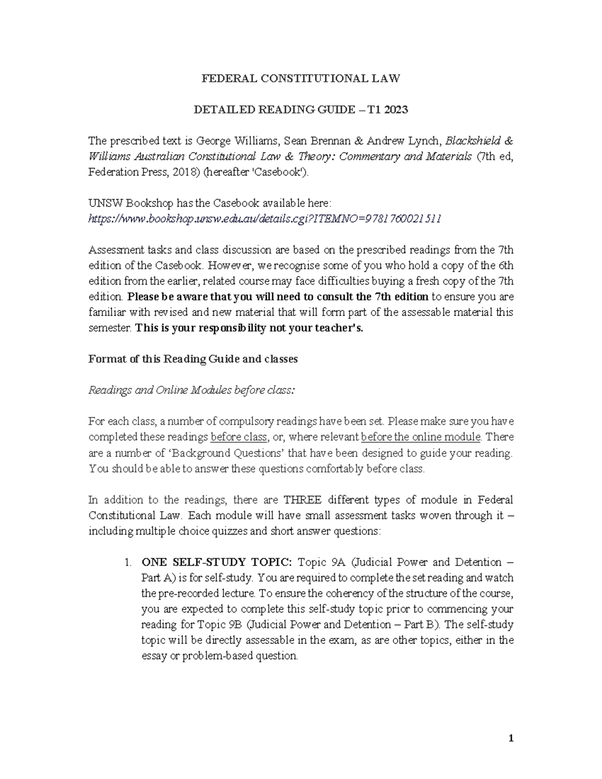 Detailed reading guide - FCL T1 2023 - FEDERAL CONSTITUTIONAL LAW ...