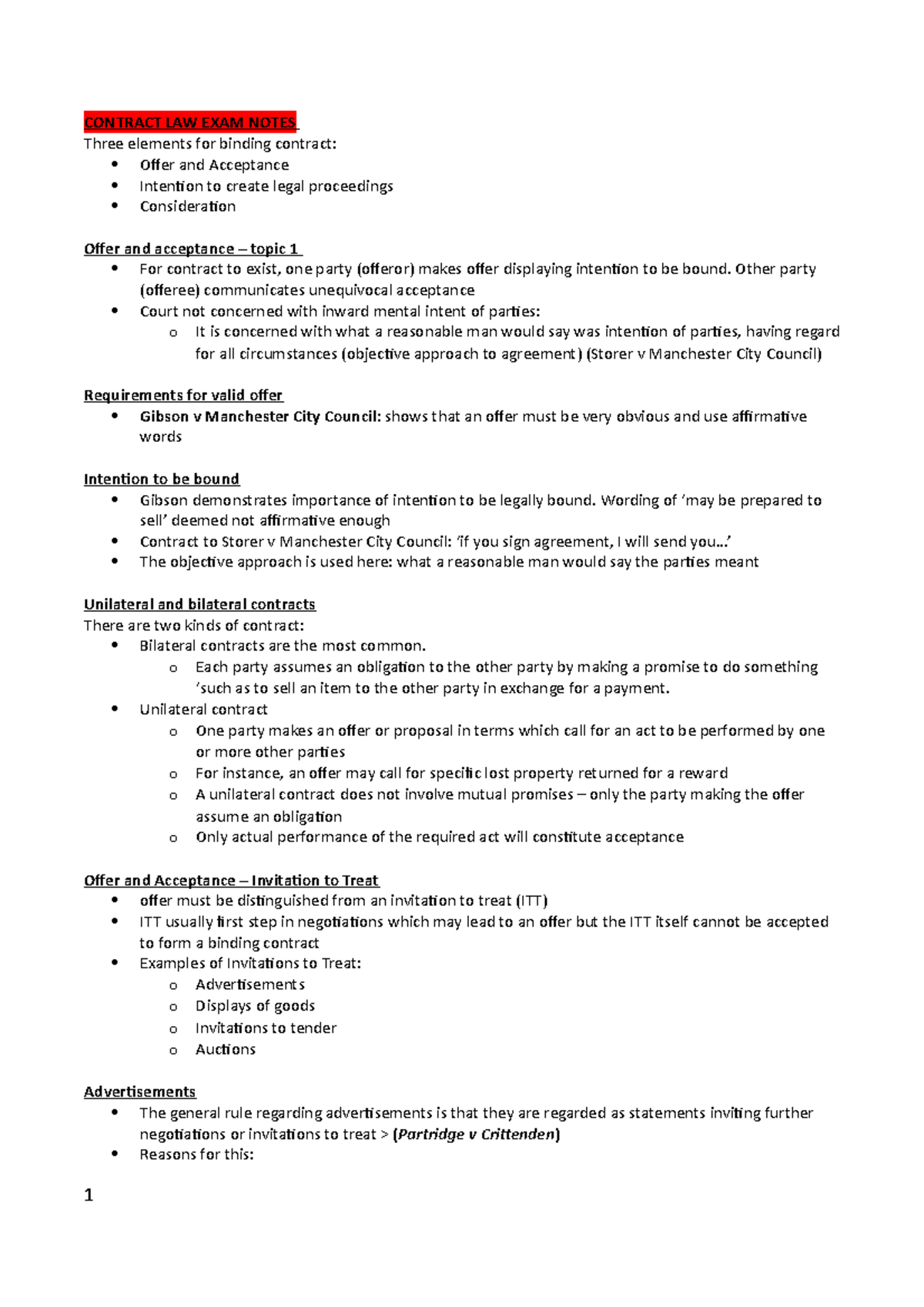 Contract Exam Notes Contract Law Exam Notes Three Elements For