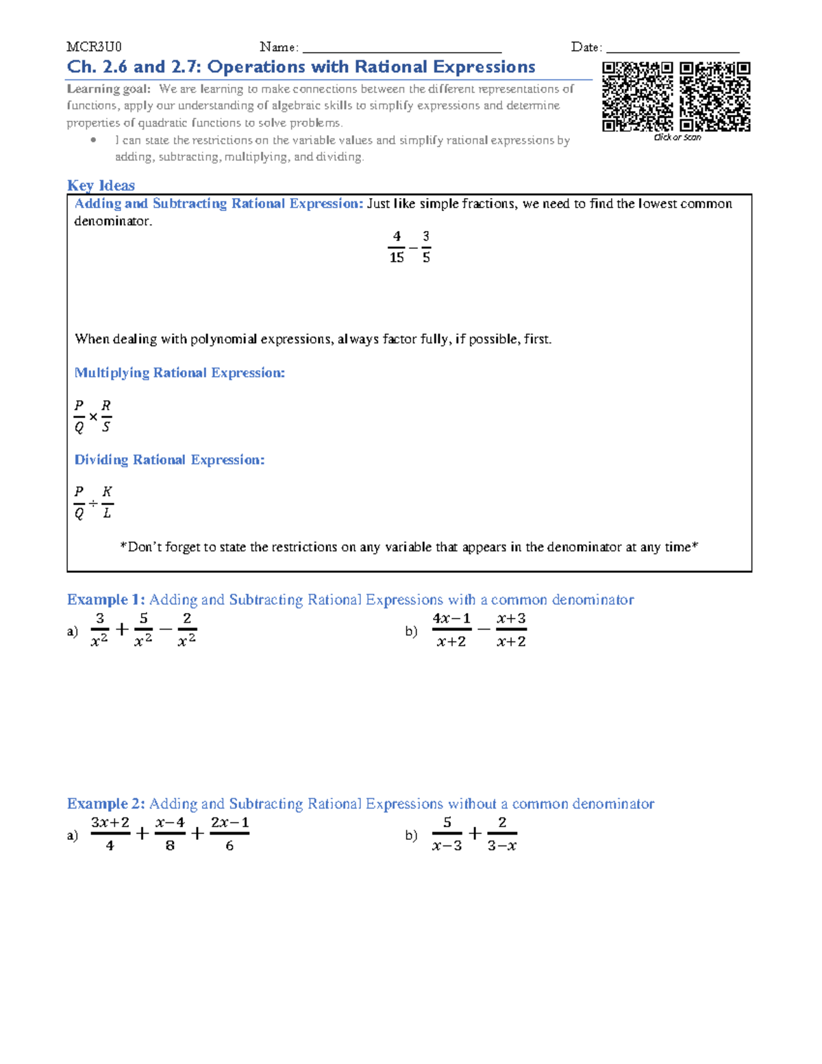 3 Operations with Rational Expressions - MCR3U 0 Name ...