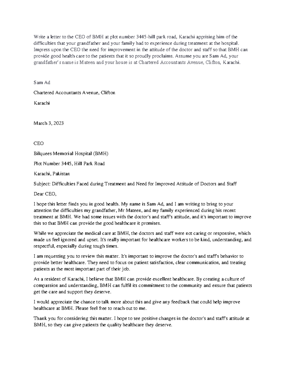 BWCS Complant letter to BMH by sir zohaib - Write a letter to the CEO ...