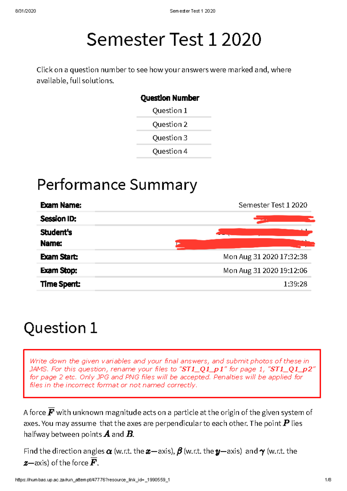 2020 ST 1 Questions - ST 1 - Semester Test 1 2020 Question 1 Write down ...