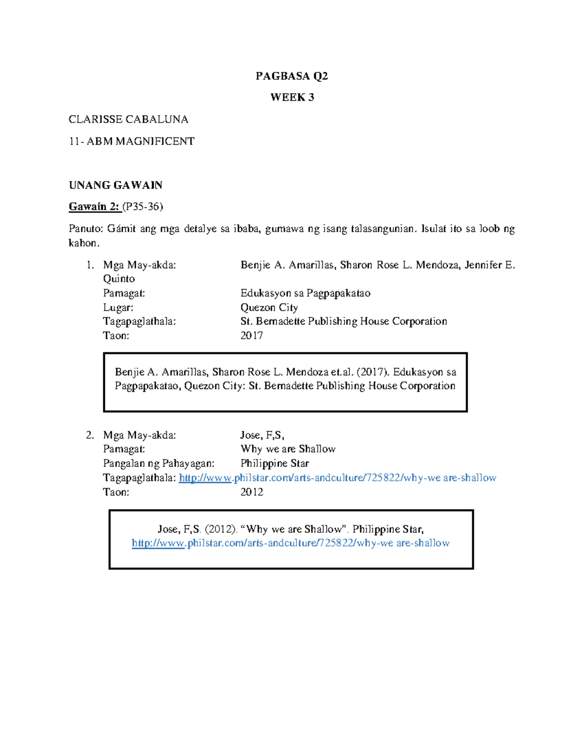 Pagbasa Q2-W3 - PAGBASA Q WEEK 3 CLARISSE CABALUNA 11- ABM MAGNIFICENT ...