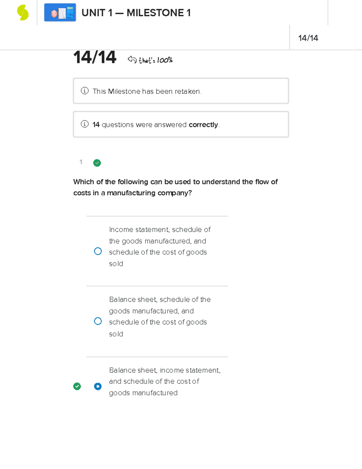 Sophia Mangerial Accounting Milestone 1-2 - 1 14 / 14 that's 100% This ...