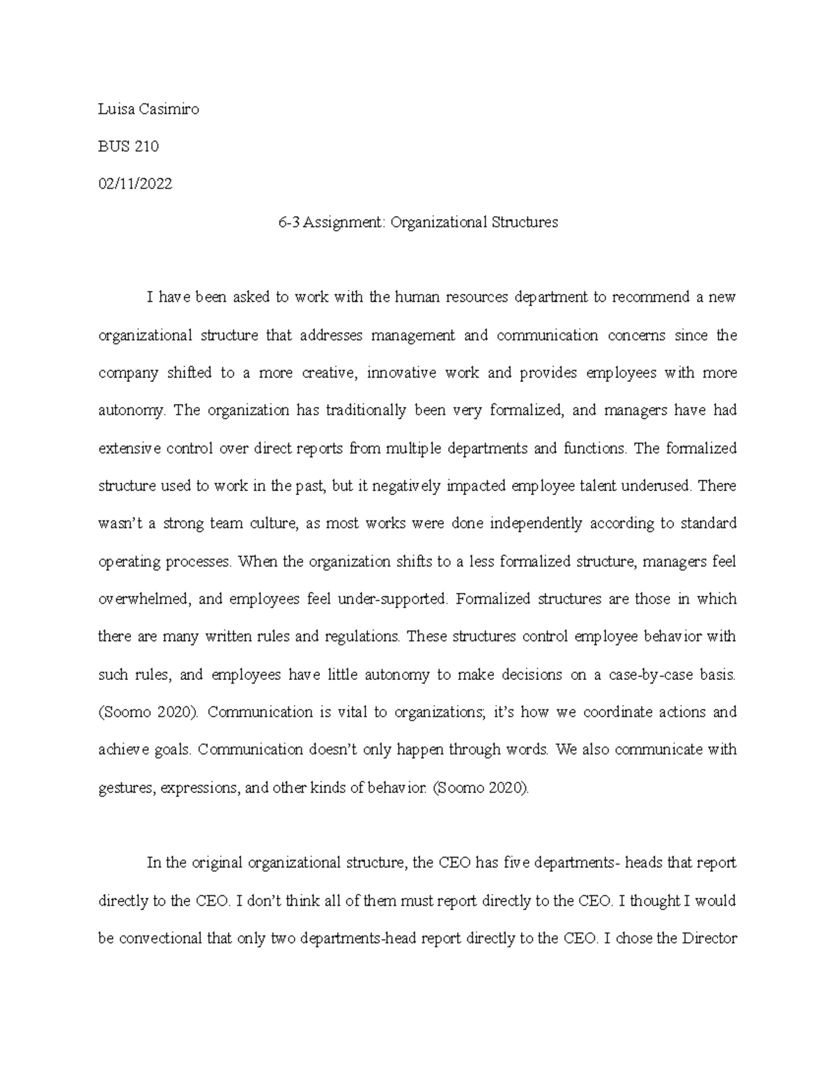 6-3 Assignment- Organizational Structures - Luisa Casimiro BUS 210 02 ...