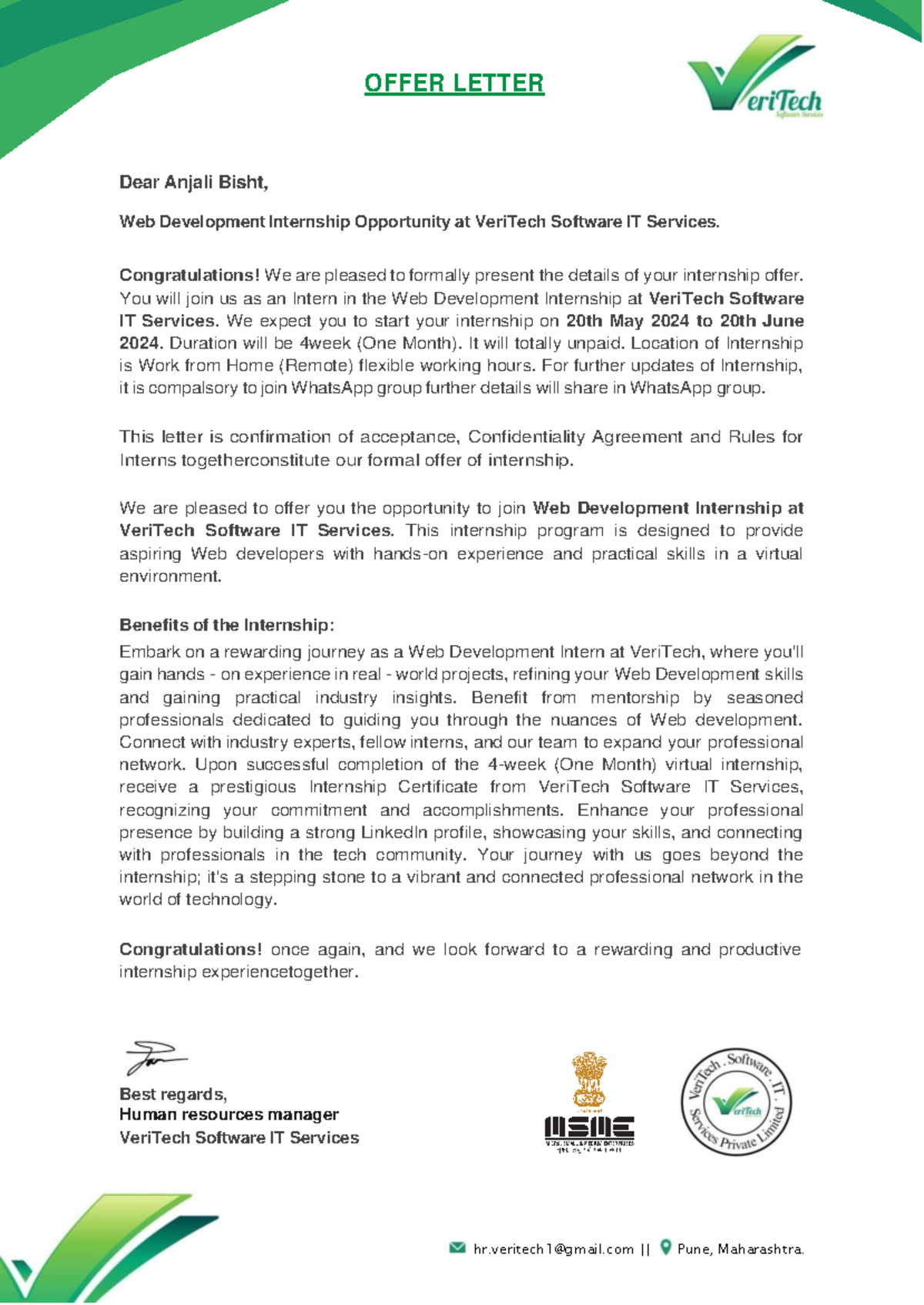 Veri Tech - Offer Letter-622 - OFFER LETTER Dear Anjali Bisht, Web ...