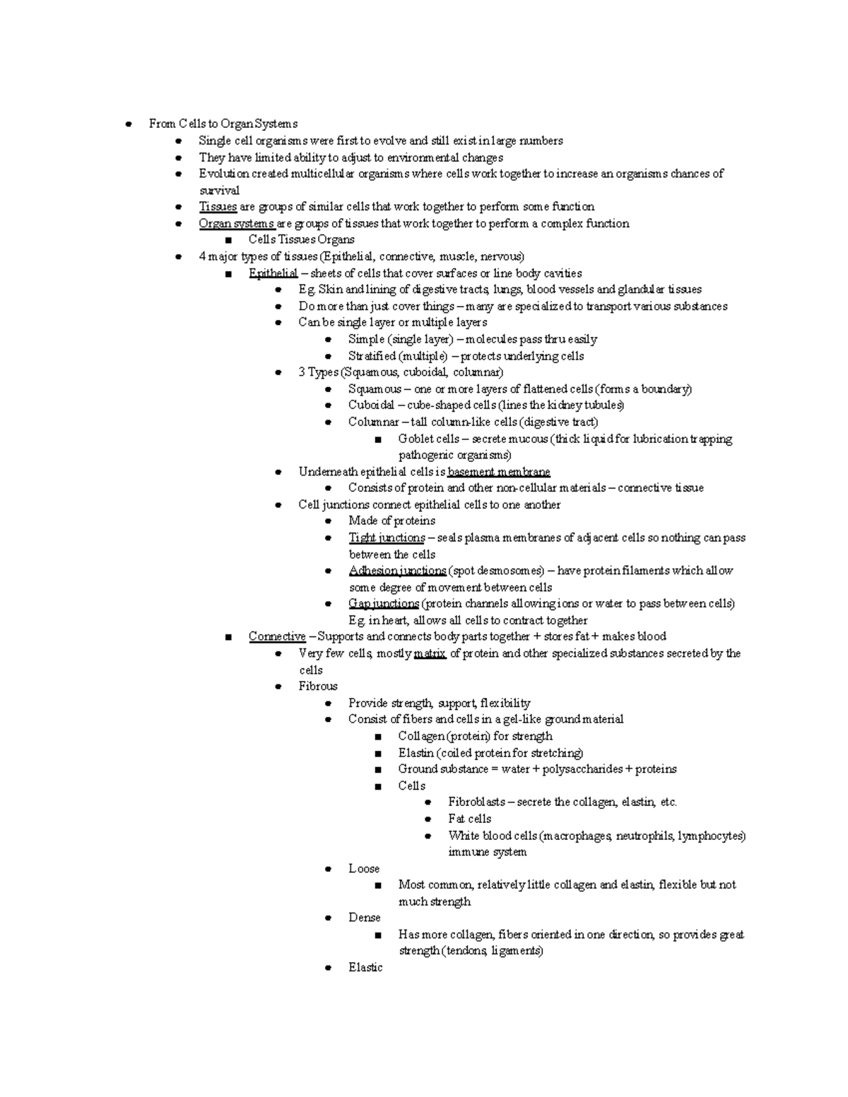 Human Biology Lecture 7 - From Cells to Organ Systems Single cell ...