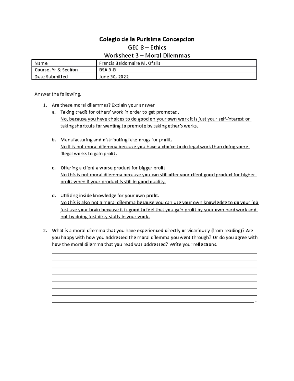 Gec 8 ws 3 summer - Ethics - Colegio de la Purisima Concepcion GEC 8 ...