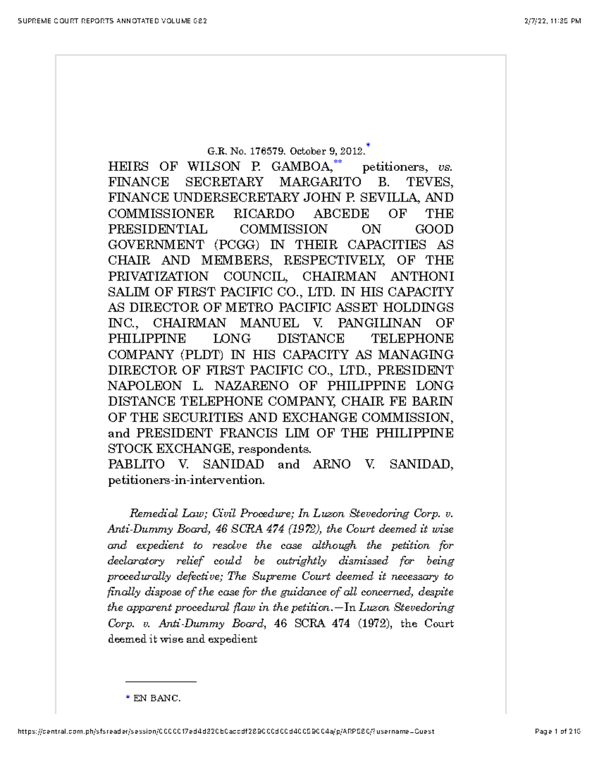 Gamboa v. Teves (expanded) - G. No. 176579. October 9, 2012.* HEIRS OF ...