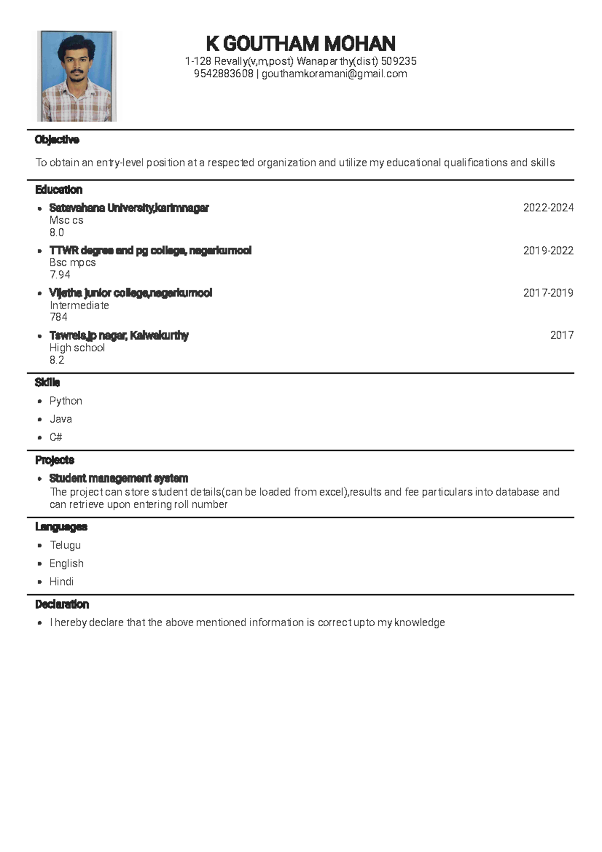 CV 202405021351595 - Curriculum vitae - 2022- 2019- 2017- 2017 K GOUTHAM MOHAN 1-128 - Studocu