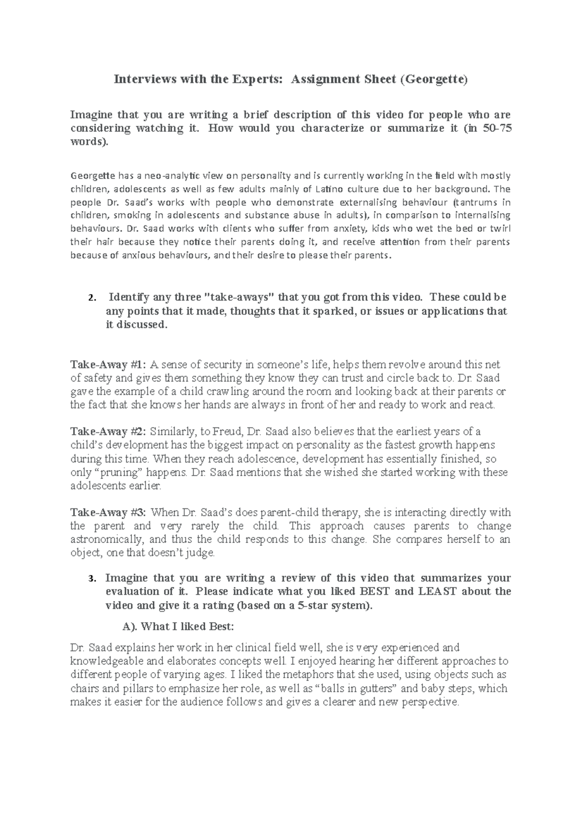 Interviews with Experts Reflection Sheet Assignment 3 - Georgette ...