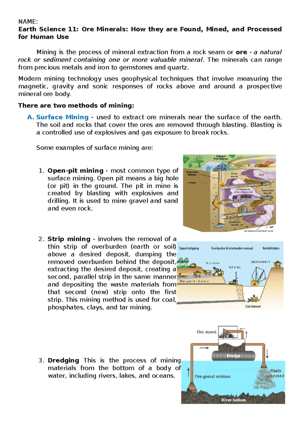 Es mod - Earth Science - NAME: Earth Science 11: Ore Minerals: How they ...