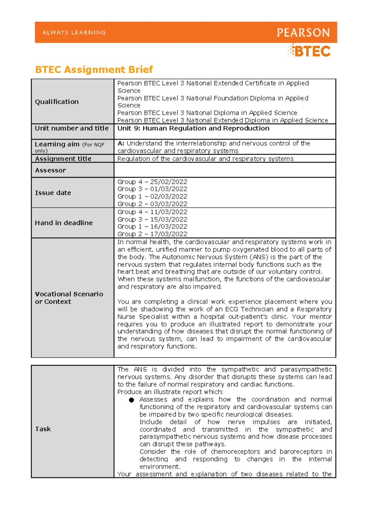Unit 9A Ass Brief 2022 - BTEC Assignment Brief Qualification Pearson ...