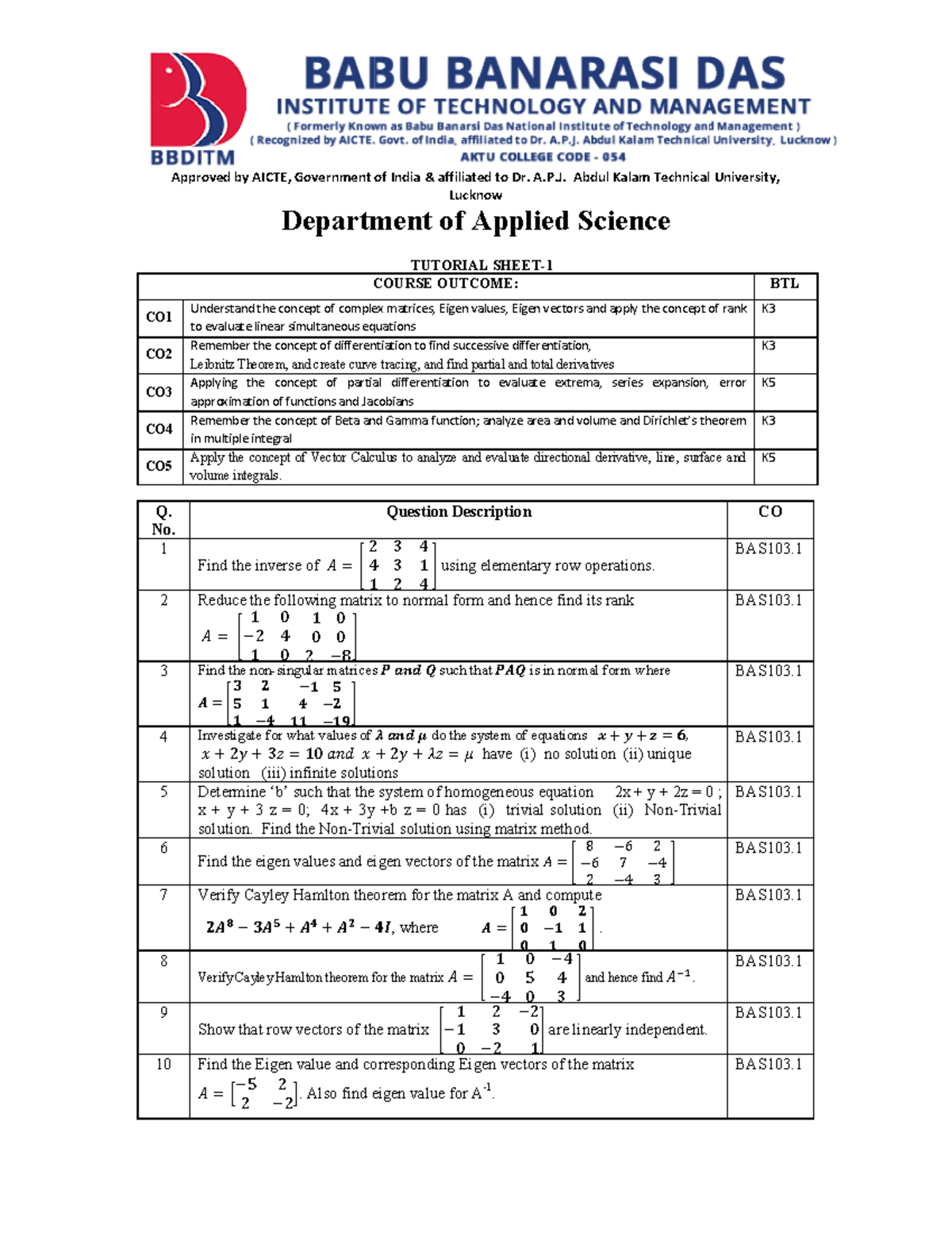 Matrix Engineering Mathematics Approved By Aicte Government Of