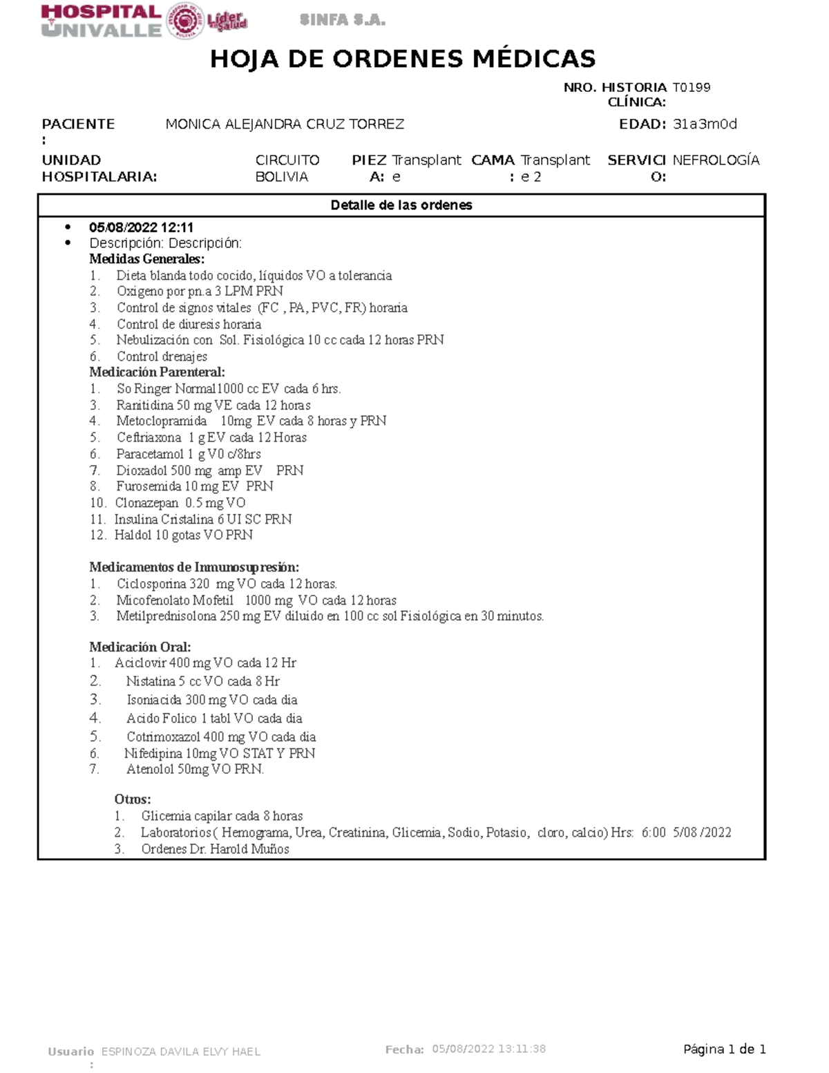 IHoja Ordenes Medicas - gfb - SINFA S. HOJA DE ORDENES MÉDICAS NRO ...