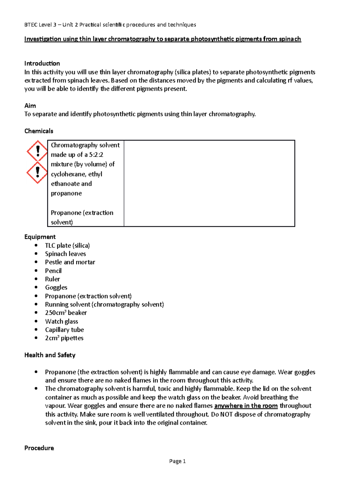 Spinach TLC method Btec - BTEC Level 3 – Unit 2 Practical scientific ...