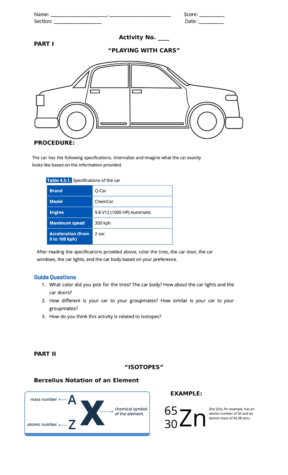 Activity Isotopes - High School - Activity No. ____ PART I “PLAYING ...