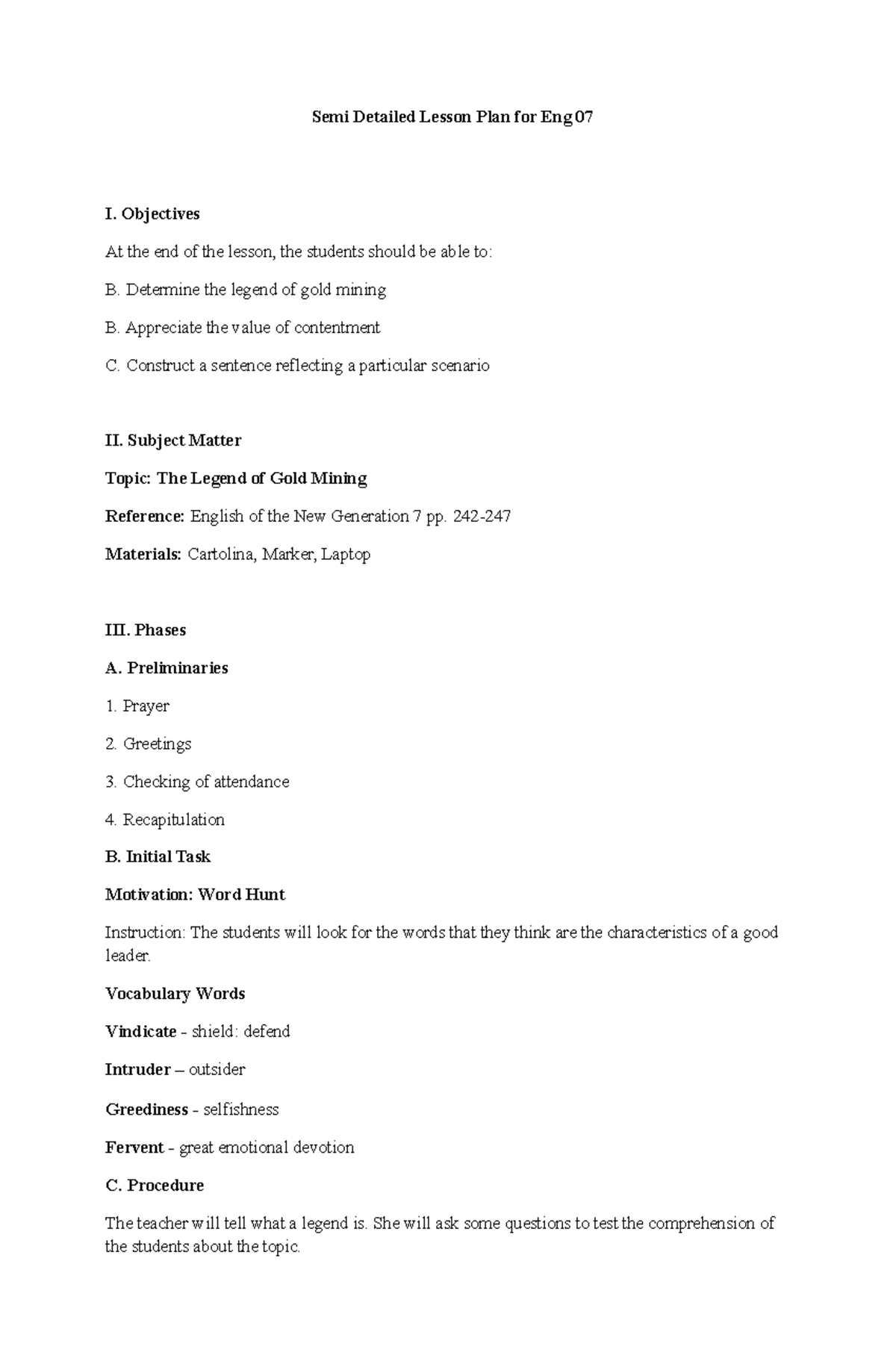 Semi Detailed L - Semi Detailed Lesson Plan for Eng 07 I. Objectives At ...