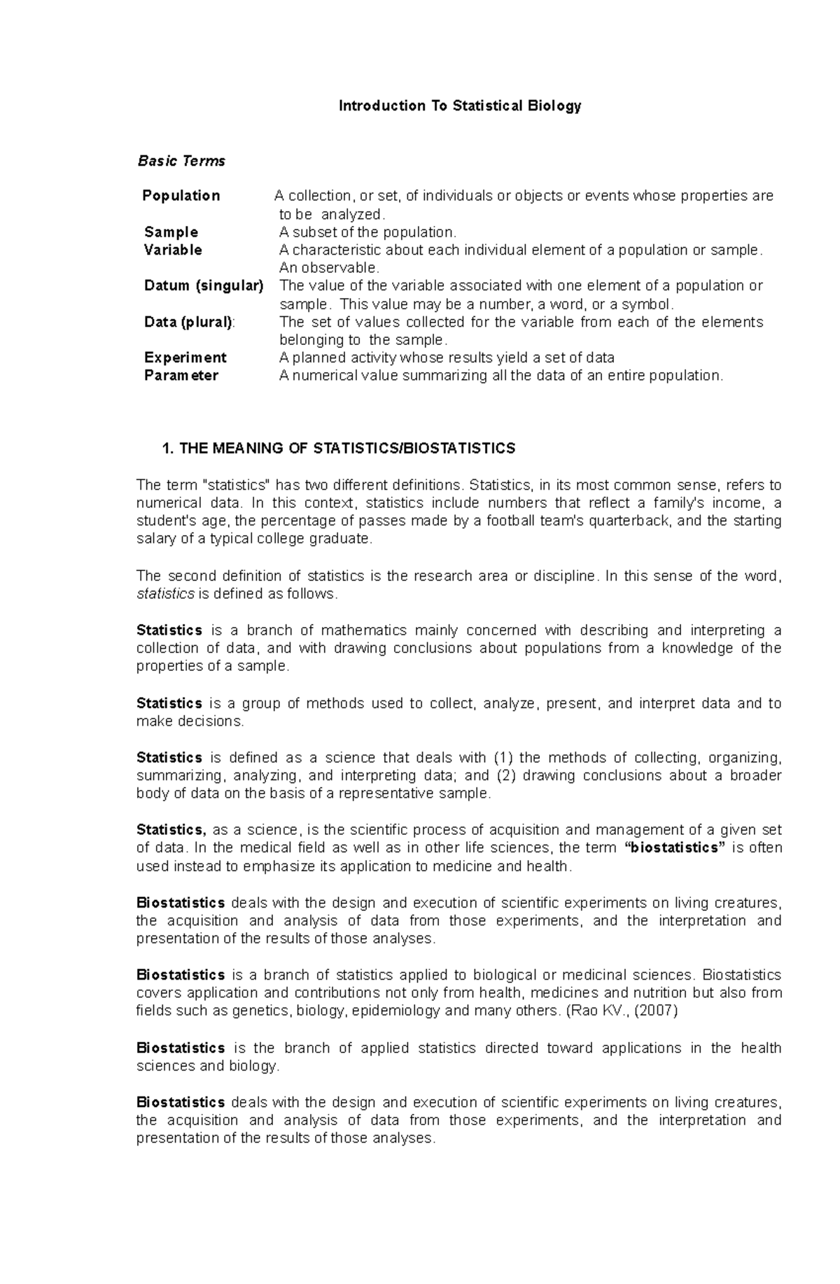 Introduction To Statistical Biology - Sample A subset of the population ...