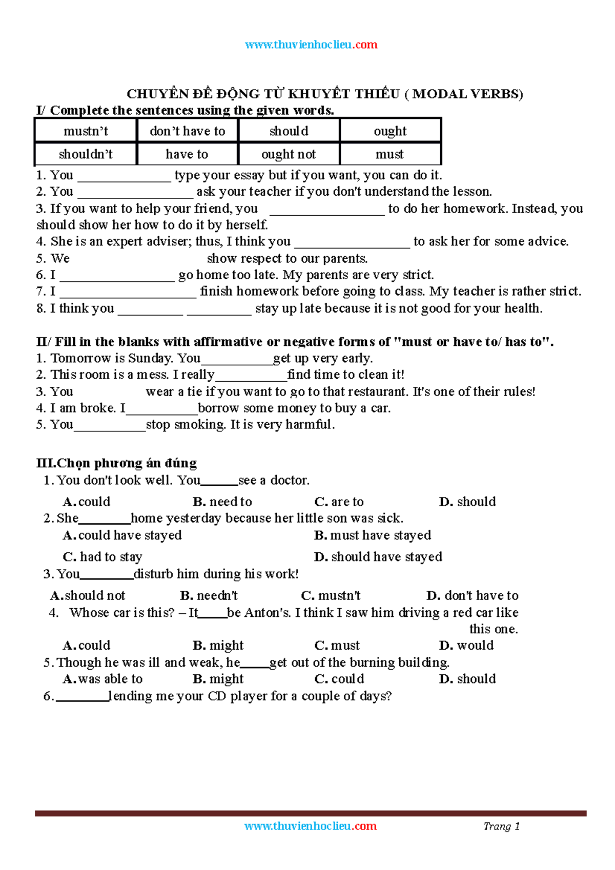 BT Chuyên ĐỀ ĐTKT - modal verb - CHUYÊN ĐỀ ĐỘNG TỪ KHUYẾT THIẾU ( MODAL ...